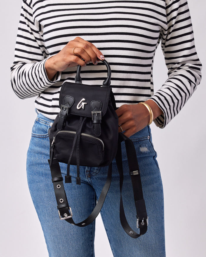 NYLON MINI BACKPACK BLACK - Water-Resistant Mini Backpack with Silver ...