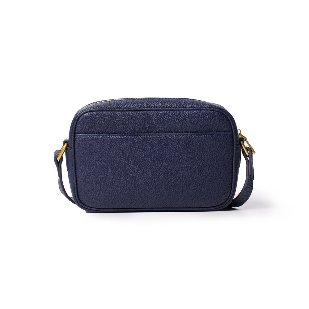 PEBBLE CAMERA BAG NAVY: Vegan Leather Crossbody with Gold Hardware