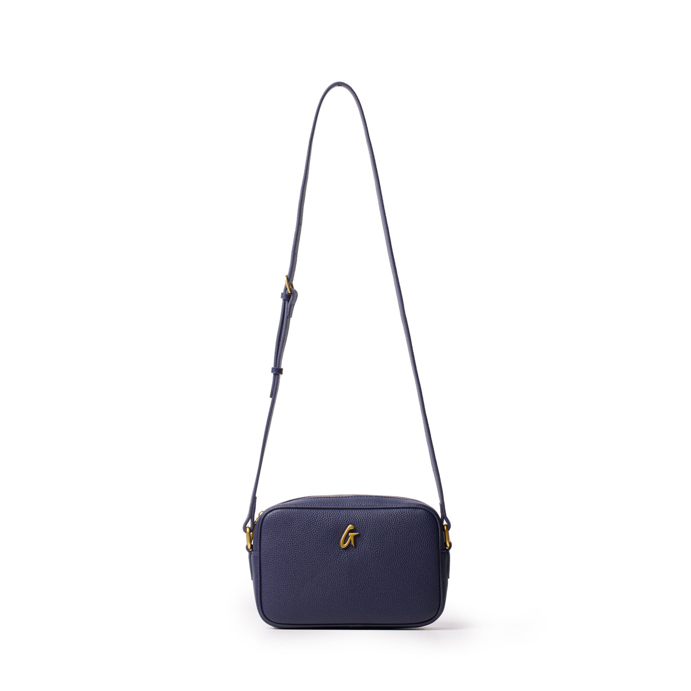 PEBBLE CAMERA BAG NAVY: Vegan Leather Crossbody with Gold Hardware