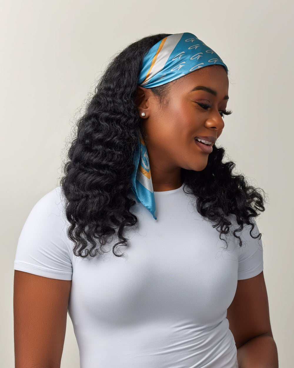 Medium Blue Silk Scarf with Gold Logo Detail - Glam-Aholic Lifestyle