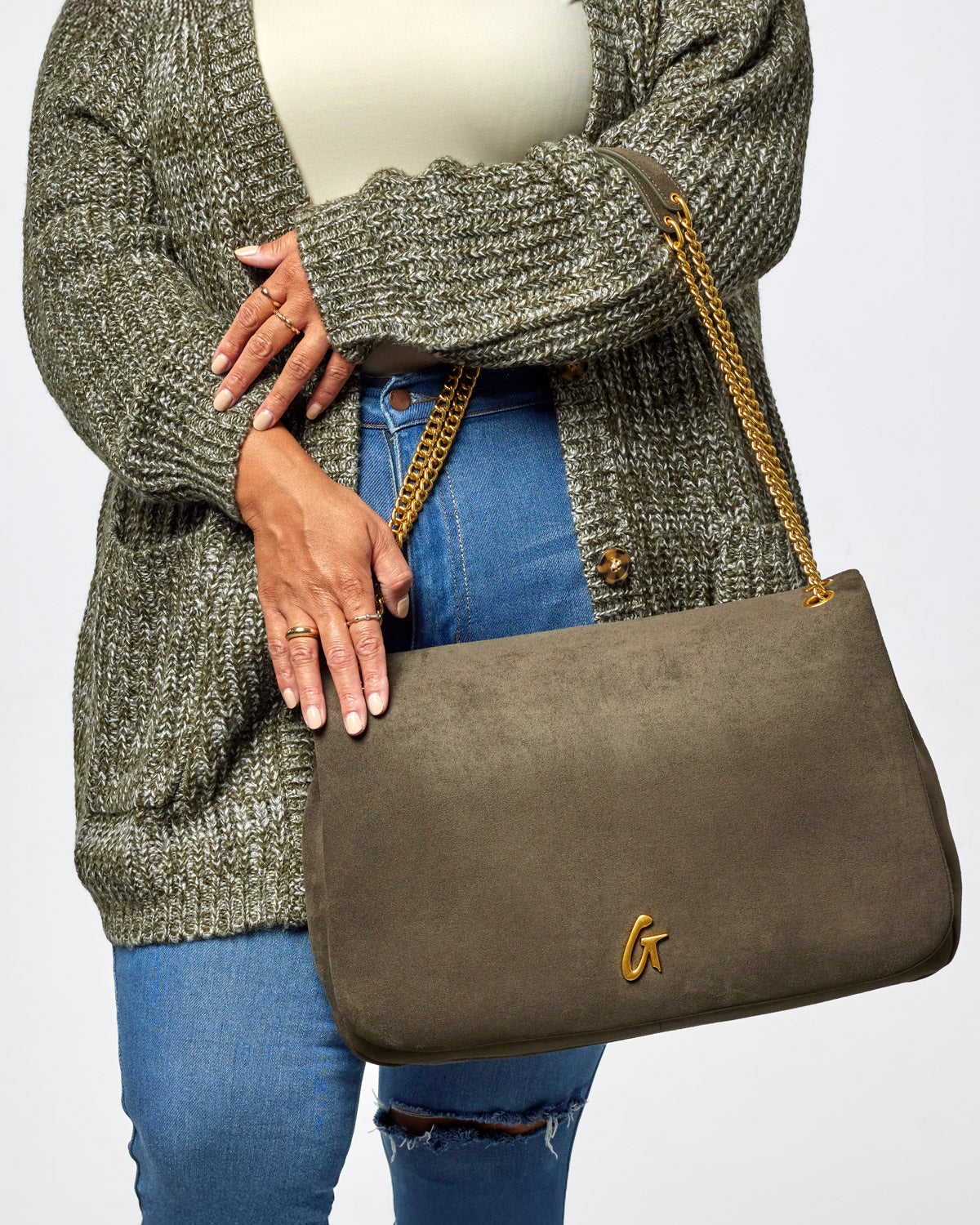 Large Suede Flap Bag | Olive Green | Vegan Suede | 3 Compartments ...