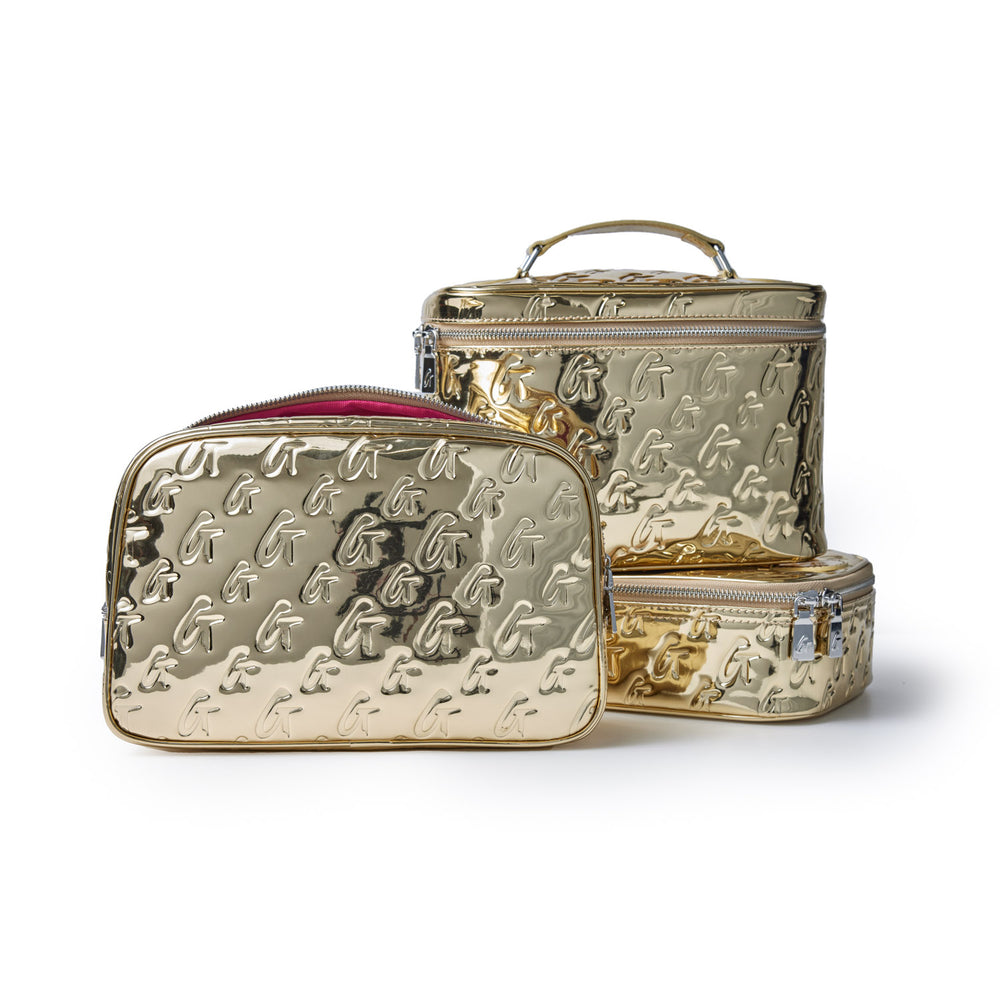 Small Metallic Monogram Toiletry Bag | Metallic Gold | Interior Pocket
