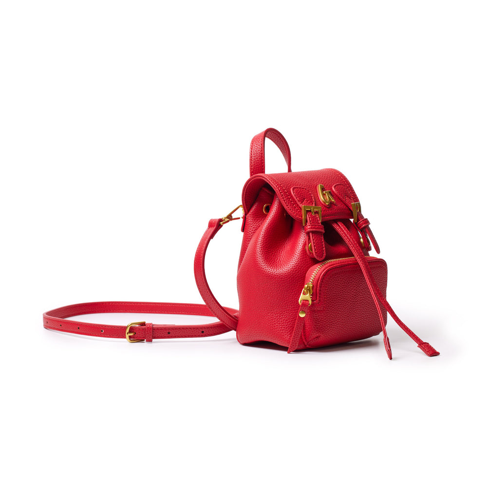 PEBBLE MINI BACKPACK RED | Vegan Pebble Leather Backpack with Gold Buckles