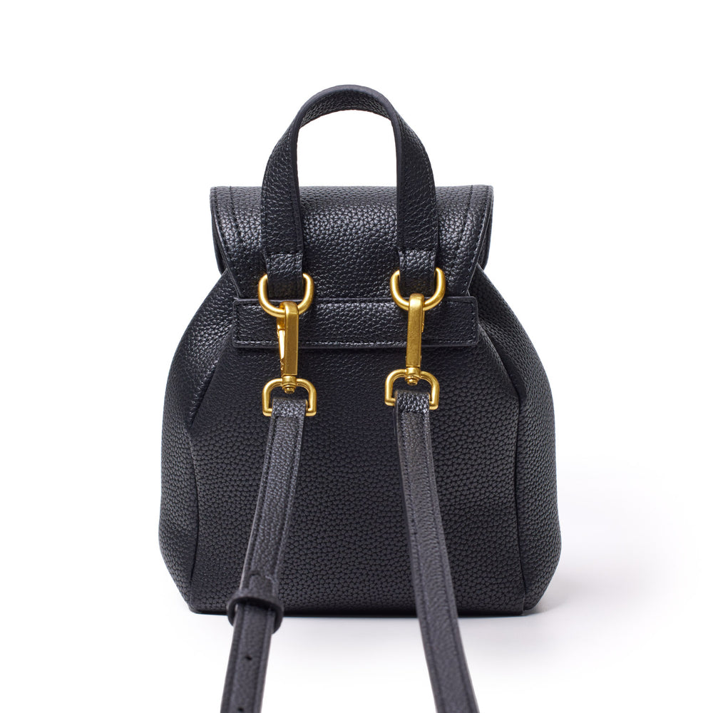 PEBBLE MINI BACKPACK BLACK - Vegan Pebble Leather Backpack with Gold Buckles