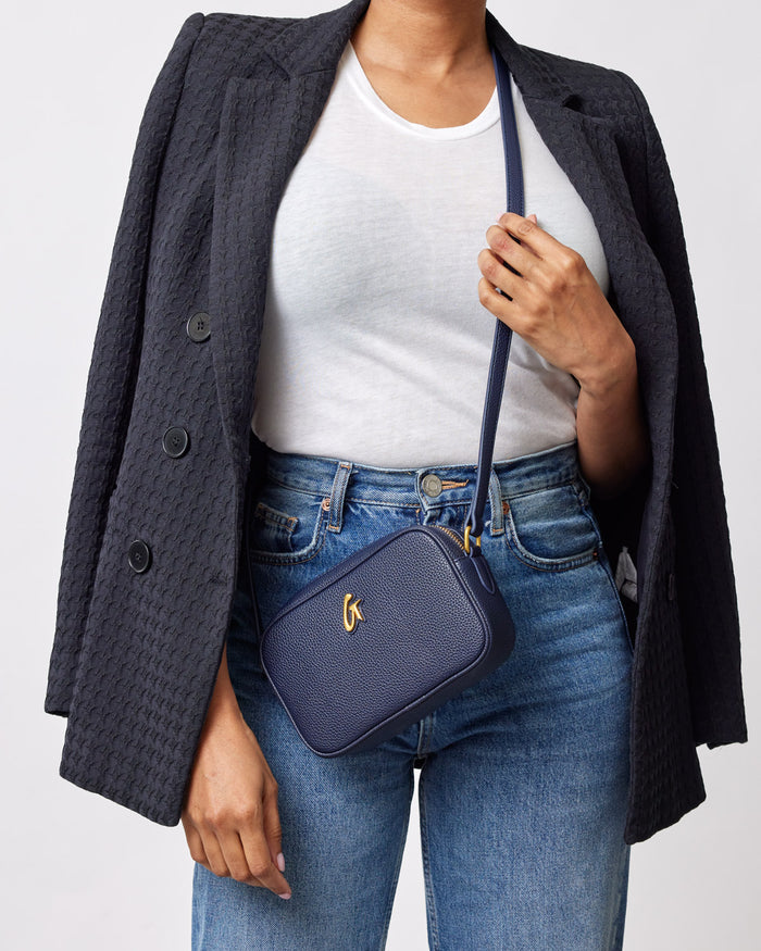 PEBBLE MINI CAMERA BAG NAVY | Structured Vegan Pebble Leather Camera Bag