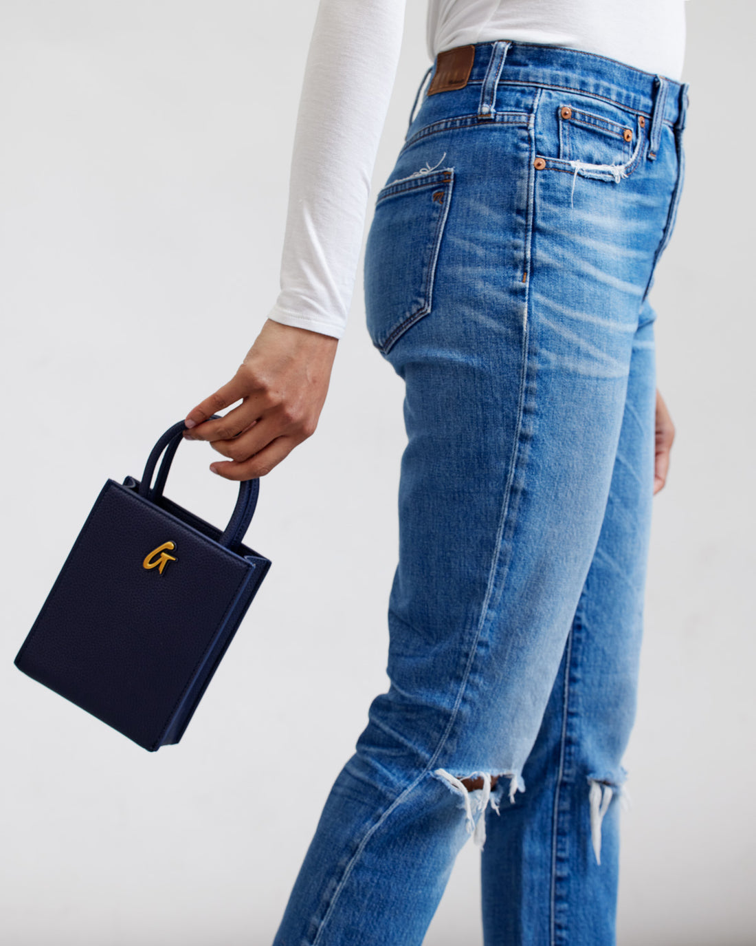 PEBBLE MINI TOTE NAVY - Vegan Leather Tote with Gold Hardware