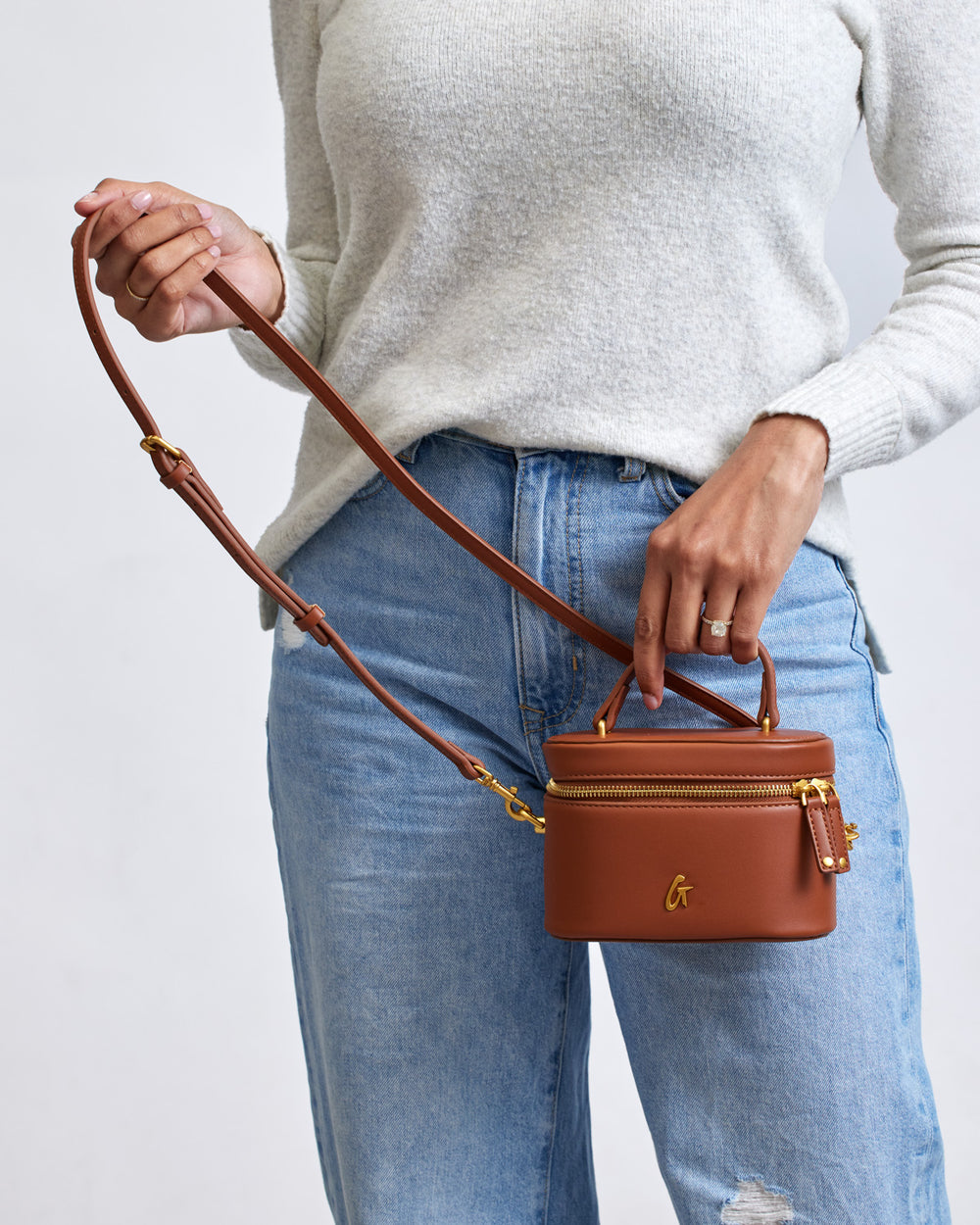 Smooth Vegan Leather Brown Vanity Bag - Sleek Gold Hardware & Removable ...