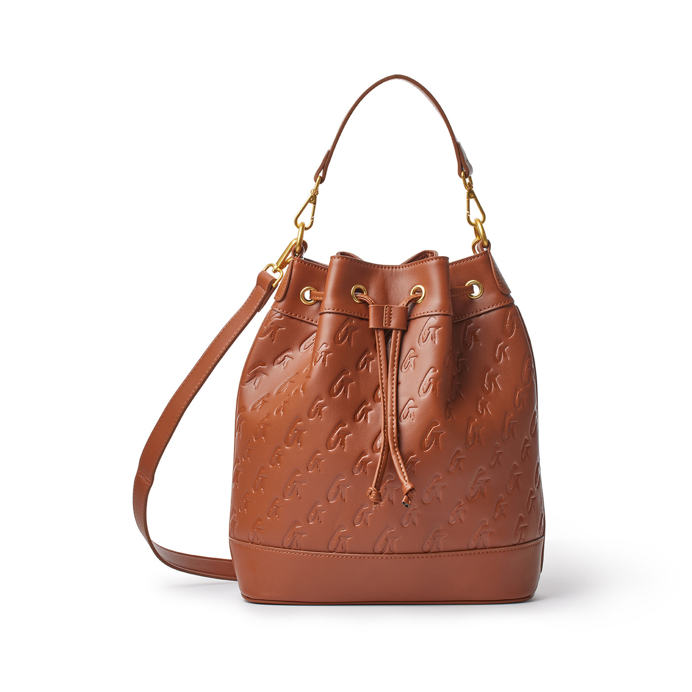 MONOGRAM LARGE BUCKET BAG BROWN - Vegan Leather Drawstring Bucket Bag