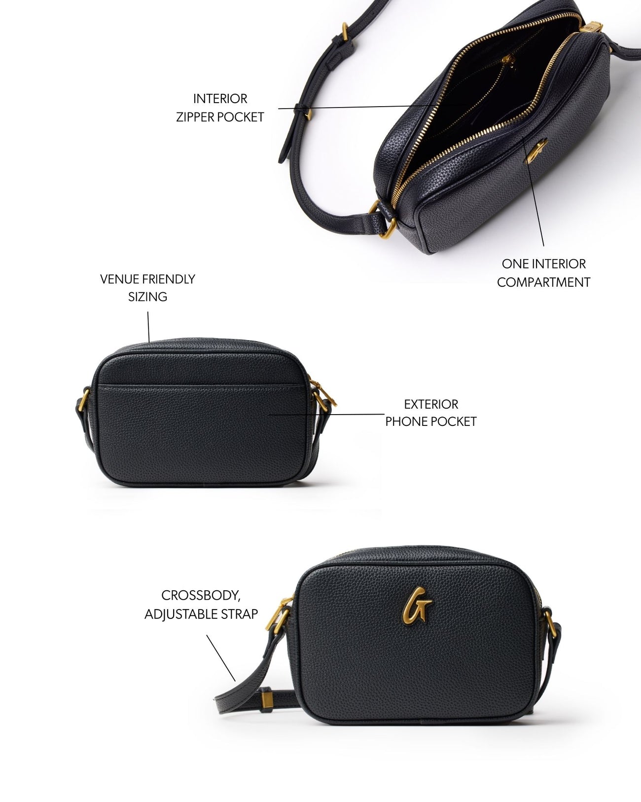 PEBBLE MINI CAMERA BAG BLACK - Vegan Leather & Gold Hardware - Travel ...