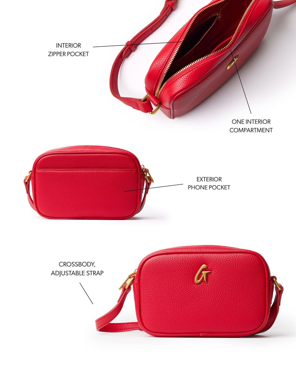 PEBBLE CAMERA BAG RED - Vegan Leather Crossbody with Gold Hardware