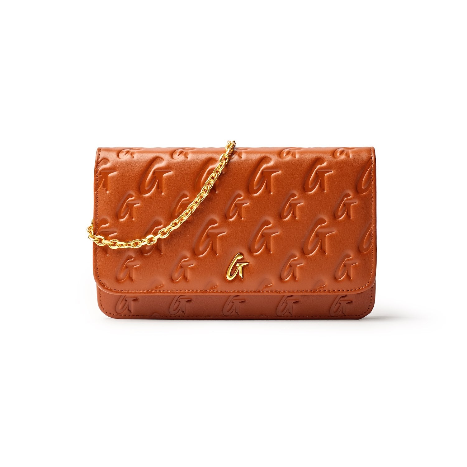 BROWN MONOGRAM WALLET ON CHAIN-GOLD - Genuine Leather Wallet Crossbody